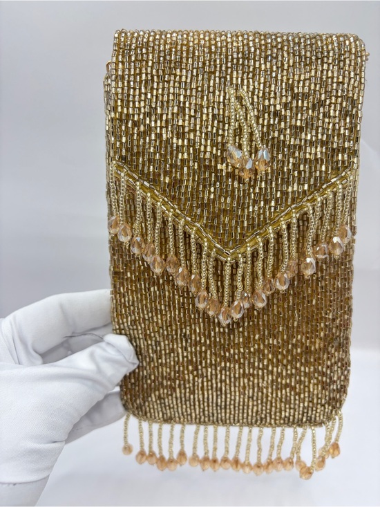 Bags | Gold Beaded Fringe Phone Holder Purse With Chain | Poshmark